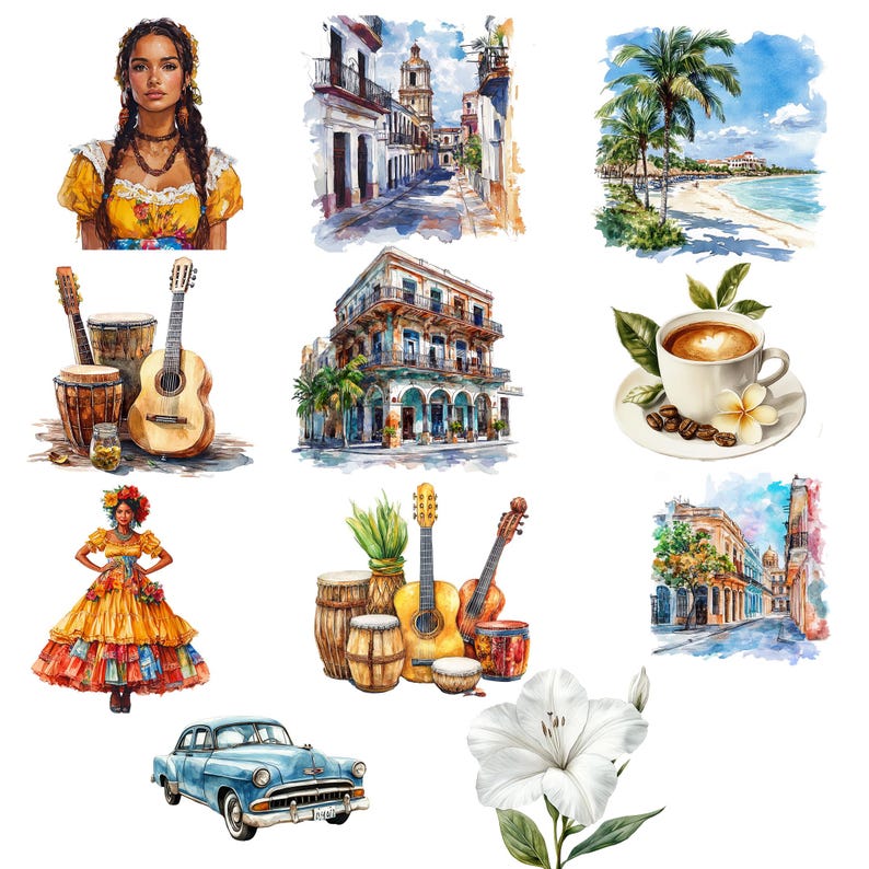 Watercolor Cuba Clipart: Havana Landmarks, Cuban Culture (PNG Files) - Etsy