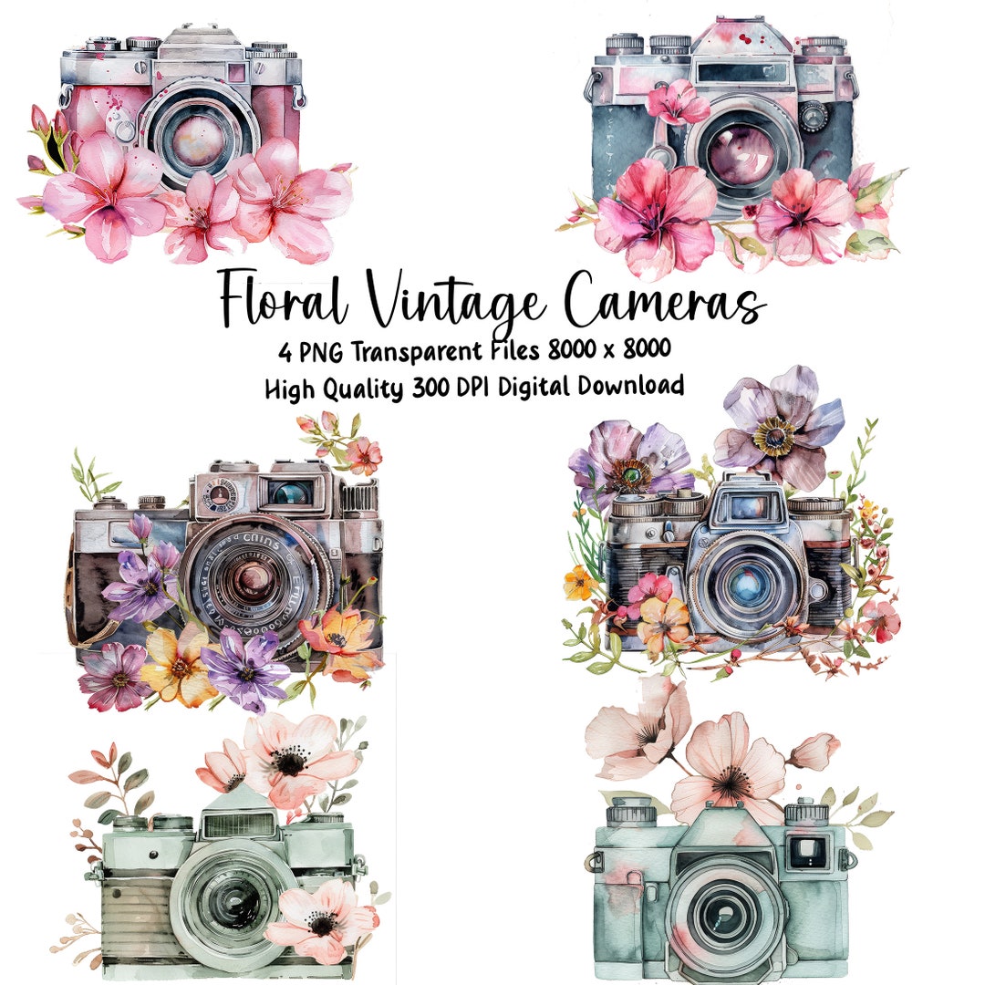 Watercolor Floral Vintage Camera Clipart, High Quality PNG Files ...