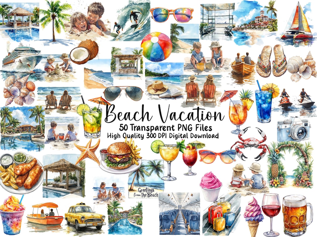 Watercolor Beach Vacation Clipart: Summer Travel Illustrations (digital ...