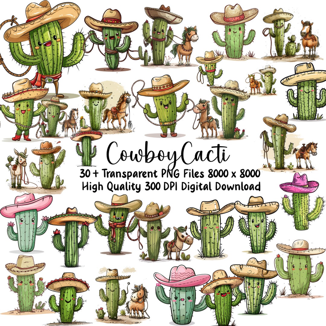 Cowboy Cacti Clipart, Whimsical Cactus Clipart, PNG, Invitations ...