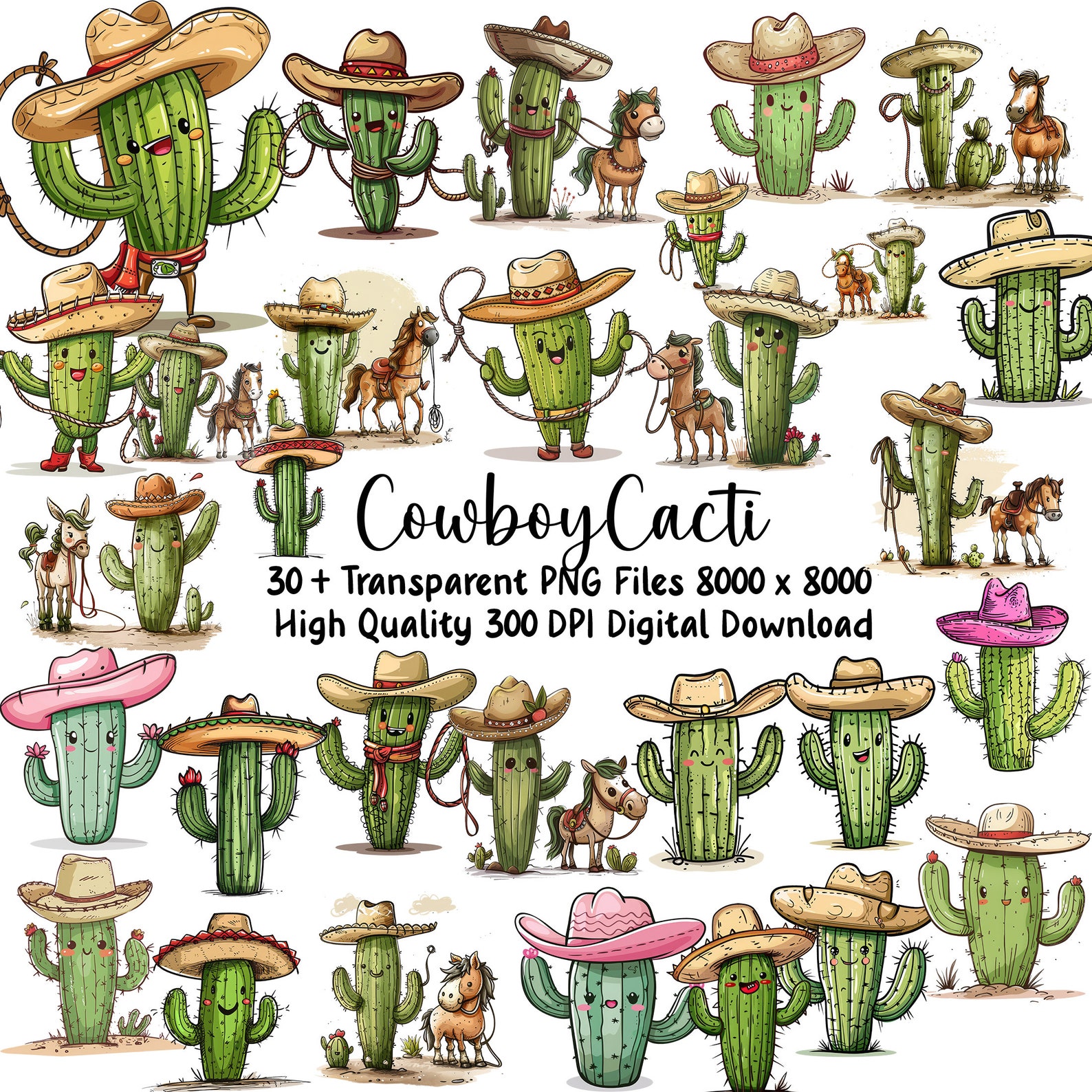 Cowboy Cactus Clipart, Whimsical Cacti Clipart, PNG, Invitations ...