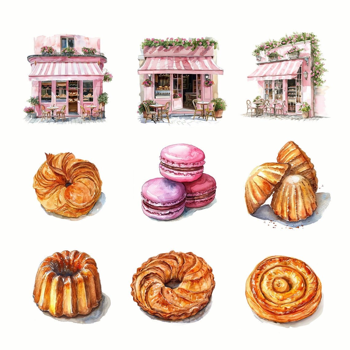 French Pastries Watercolor Clipart, Patisserie Clipart, Gourmet Pastry ...