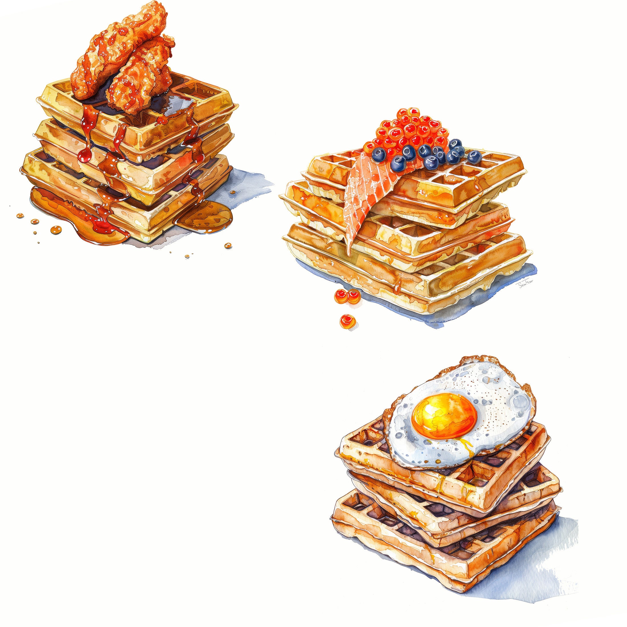 Watercolor Waffle Clipart, Chicken and Waffles, Sweet Waffles, Savory ...