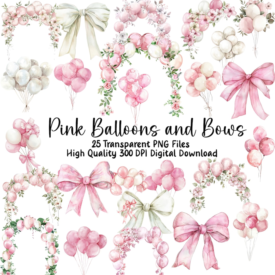 Watercolor Pink Balloons Clipart: Floral Party Decorations (PNG ...