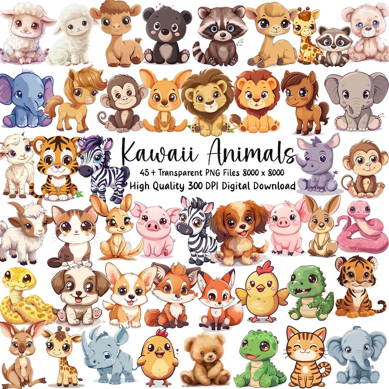 Cute Animal Clipart, Kawaii Animal Bundle, PNG, Commerial Use, Instant ...