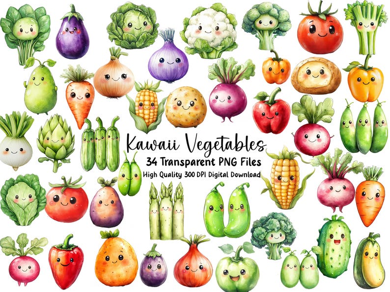 Kawaii Vegetable Clipart | Cute Digital PNG Graphics | Adorable Kawaii ...