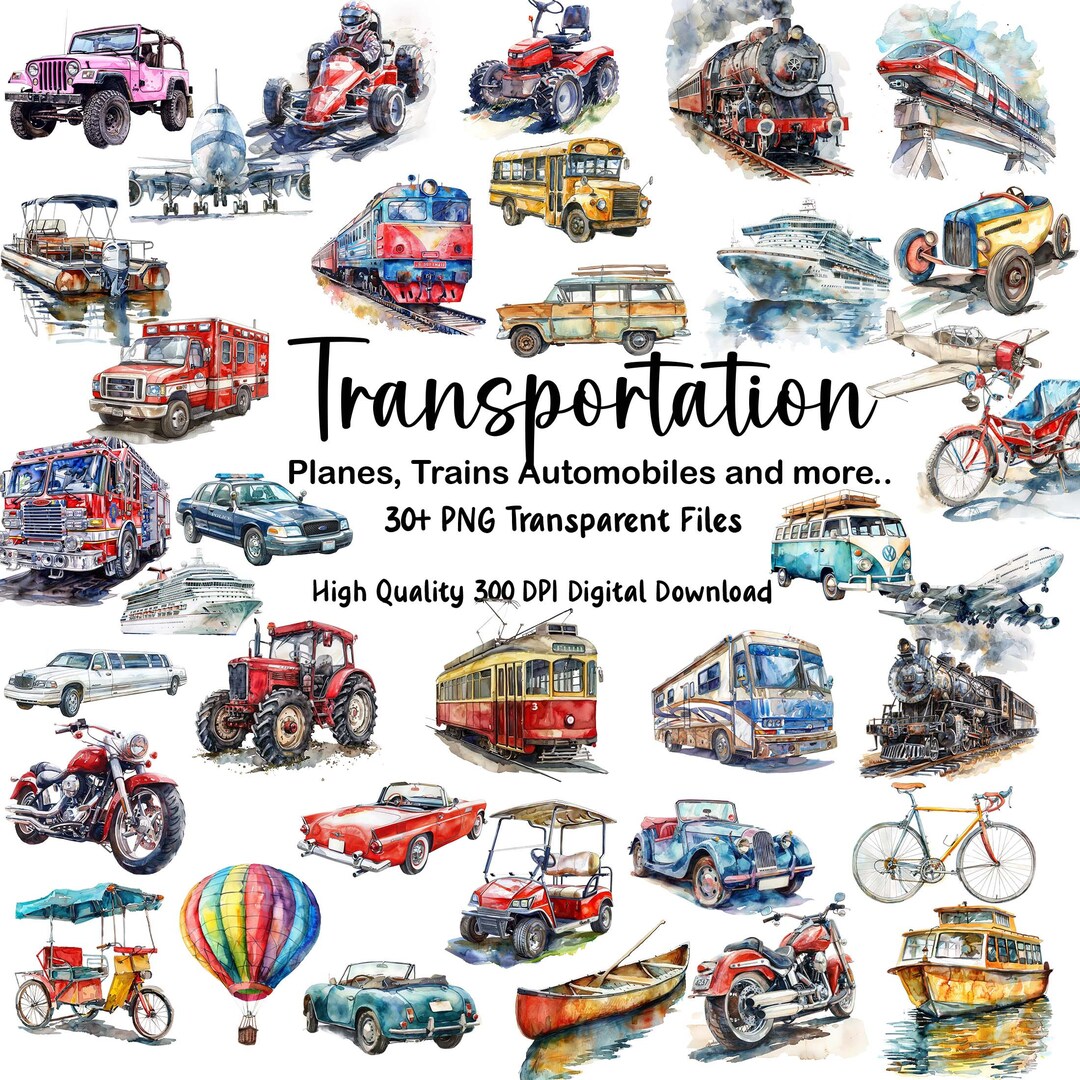 Transportation Clipart, Planes, Trains, Automobiles, Boats Clipart - Etsy
