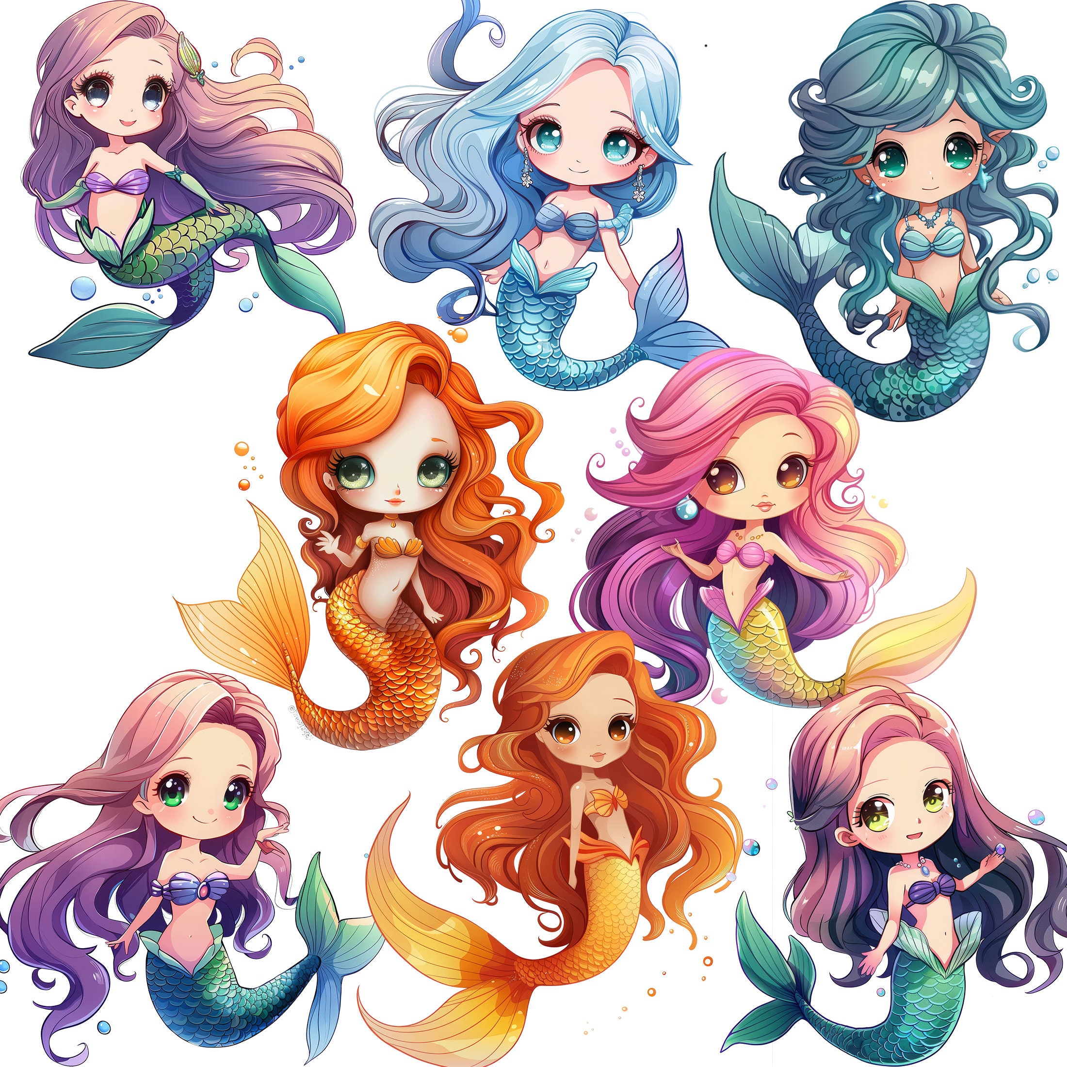 Chibi Mermaid Bundle Clipart, Whimsical Mermaids, PNG, Instant Download ...