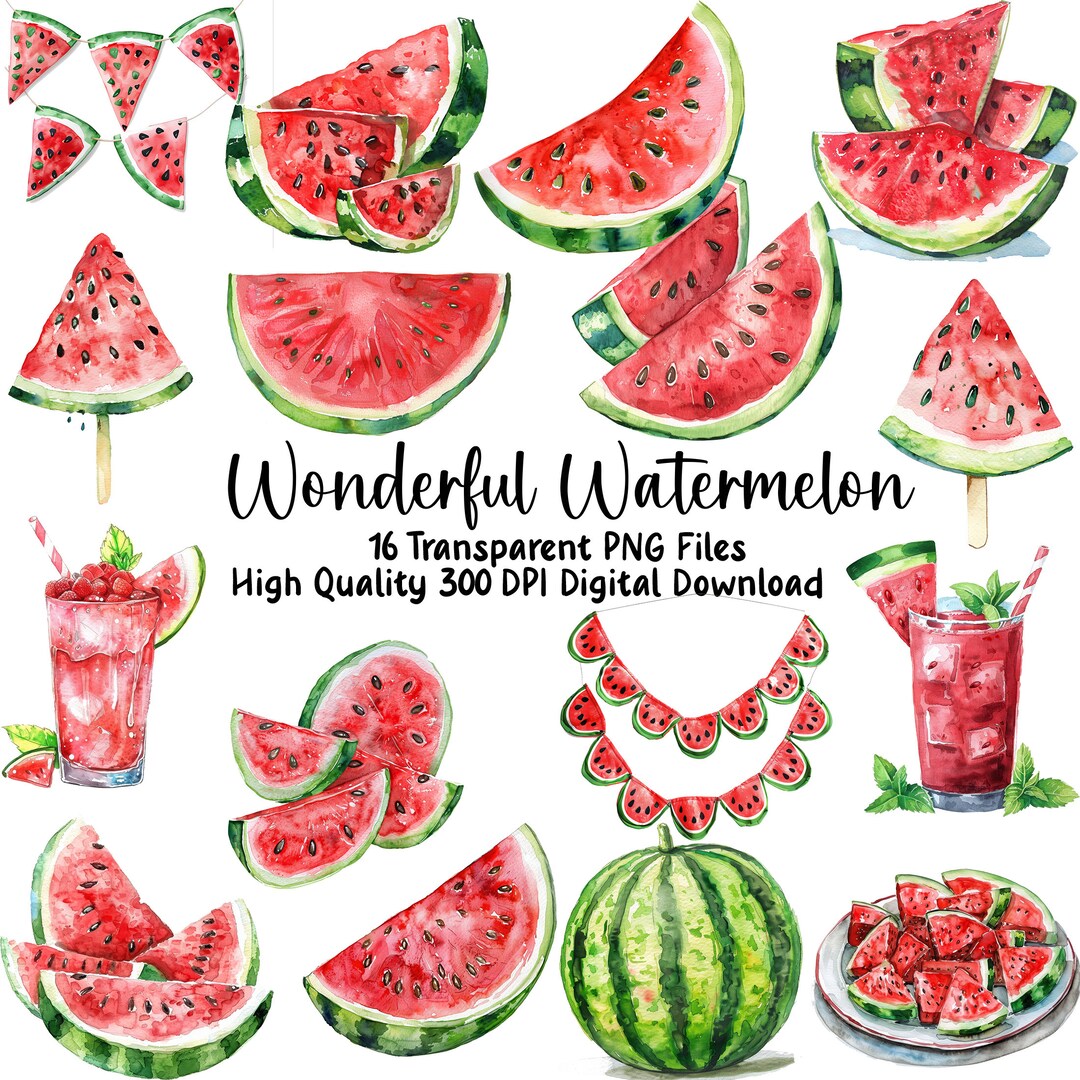 Watercolor Watermelon Clipart Digital Png Summer Fruit Graphics Instant ...