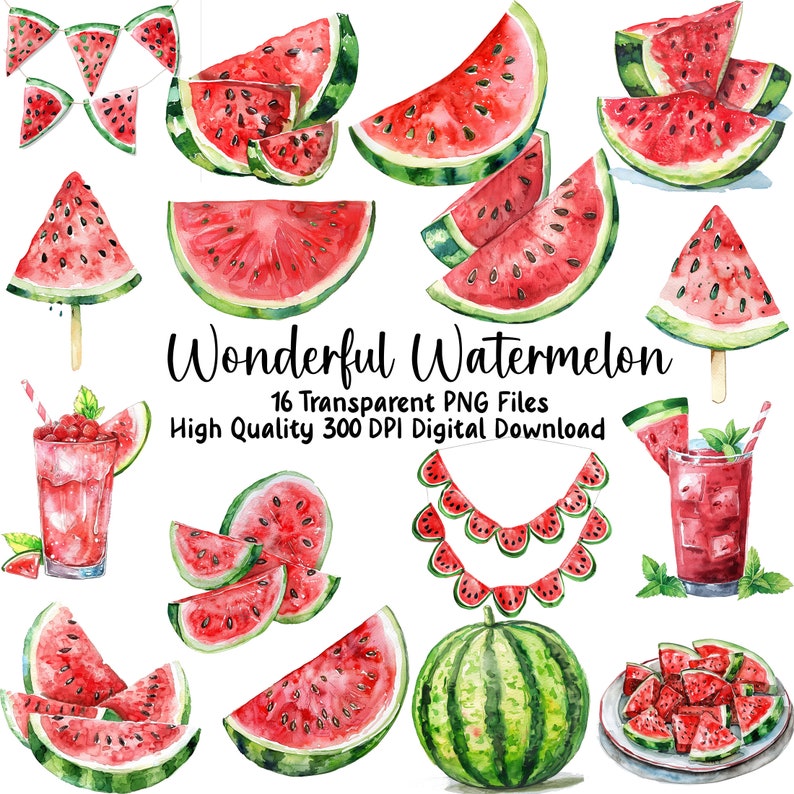 Watercolor Watermelon Clipart Digital Png Summer Fruit Graphics Instant ...