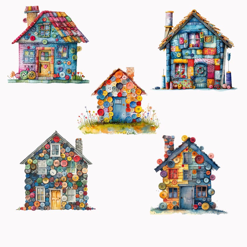 Whimsical Button Houses Clipart: Artsy PNG Graphics (commercial Use) - Etsy