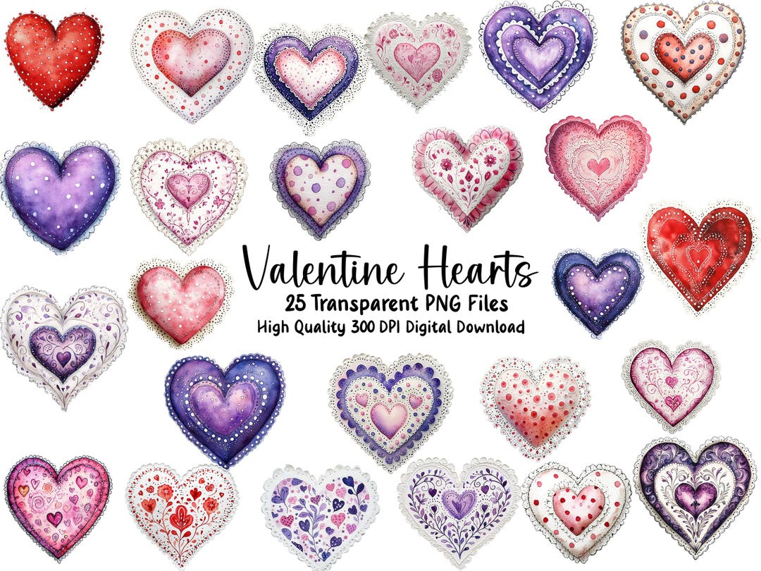 Whimsical Valentines Day Heart Clipart, Beautiful Hearts, Sublimation ...