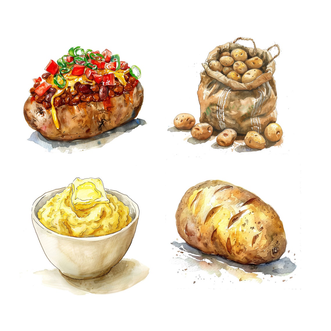 Watercolor Potato Clipart, PNG, French Fries, Potato Chips, Baked ...