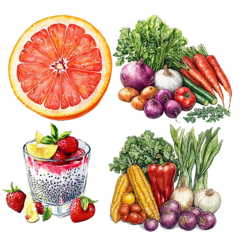 Watercolor Healthy Food Clipart: Fresh Cuisine PNG Files (digital ...