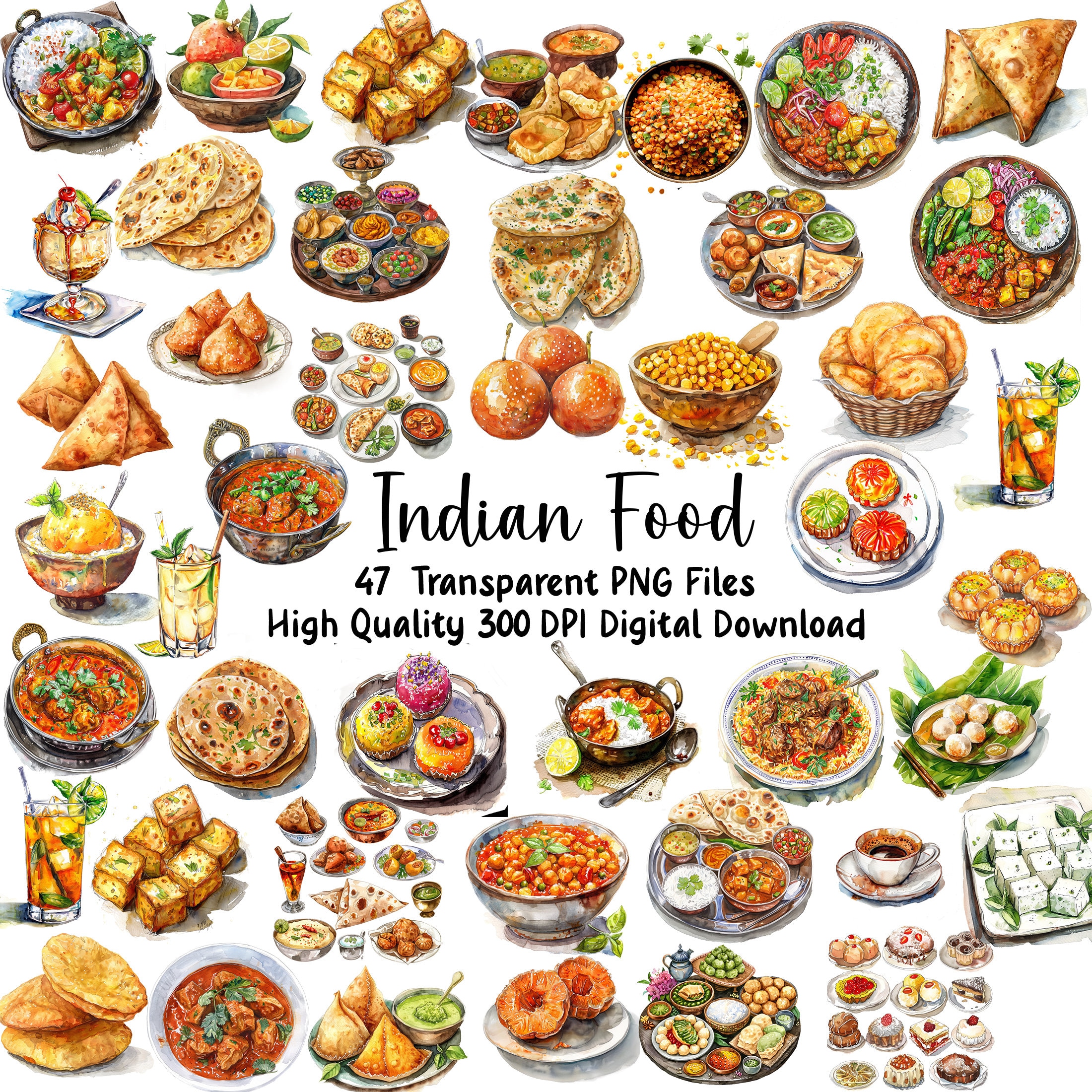 Watercolor Indian Food Clipart, Food Menu Art, PNG Transparent, Instant ...