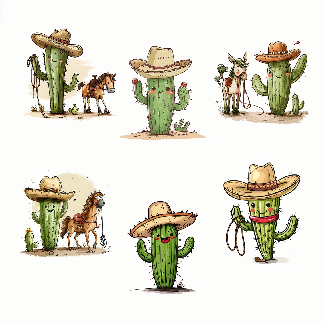 Cowboy Cactus Clipart, Whimsical Cacti Clipart, PNG, Invitations ...
