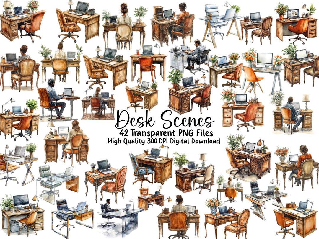 Watercolor Desk Scene Clipart: Cozy Office Graphics (digital Download ...