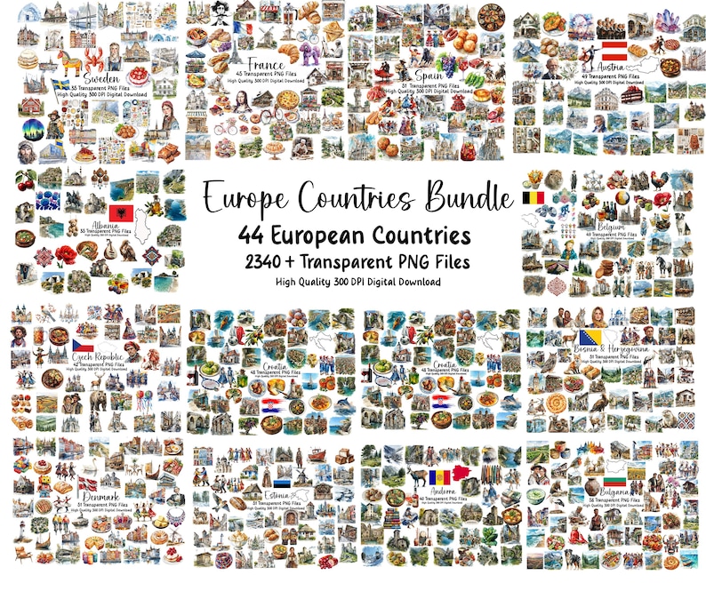 European Countries Mega Clipart Bundle | 44 Nations Travel Landmarks ...
