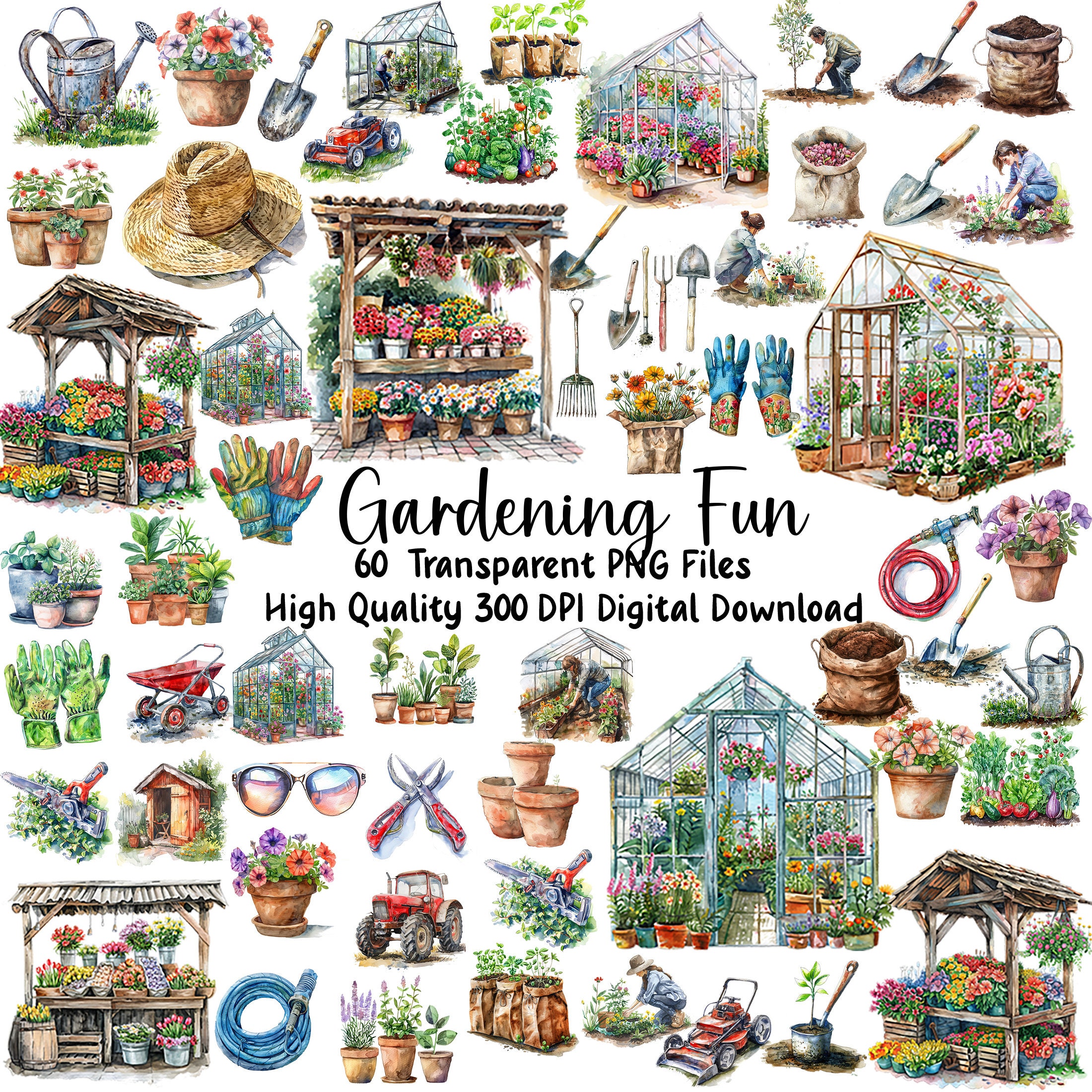Watercolor Gardening Clipart Set: Flowers, Vegetables, Greenhouses (PNG ...