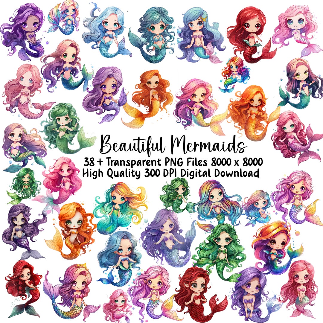 Chibi Mermaid Bundle Clipart, Whimsical Mermaids, PNG, Instant Download ...