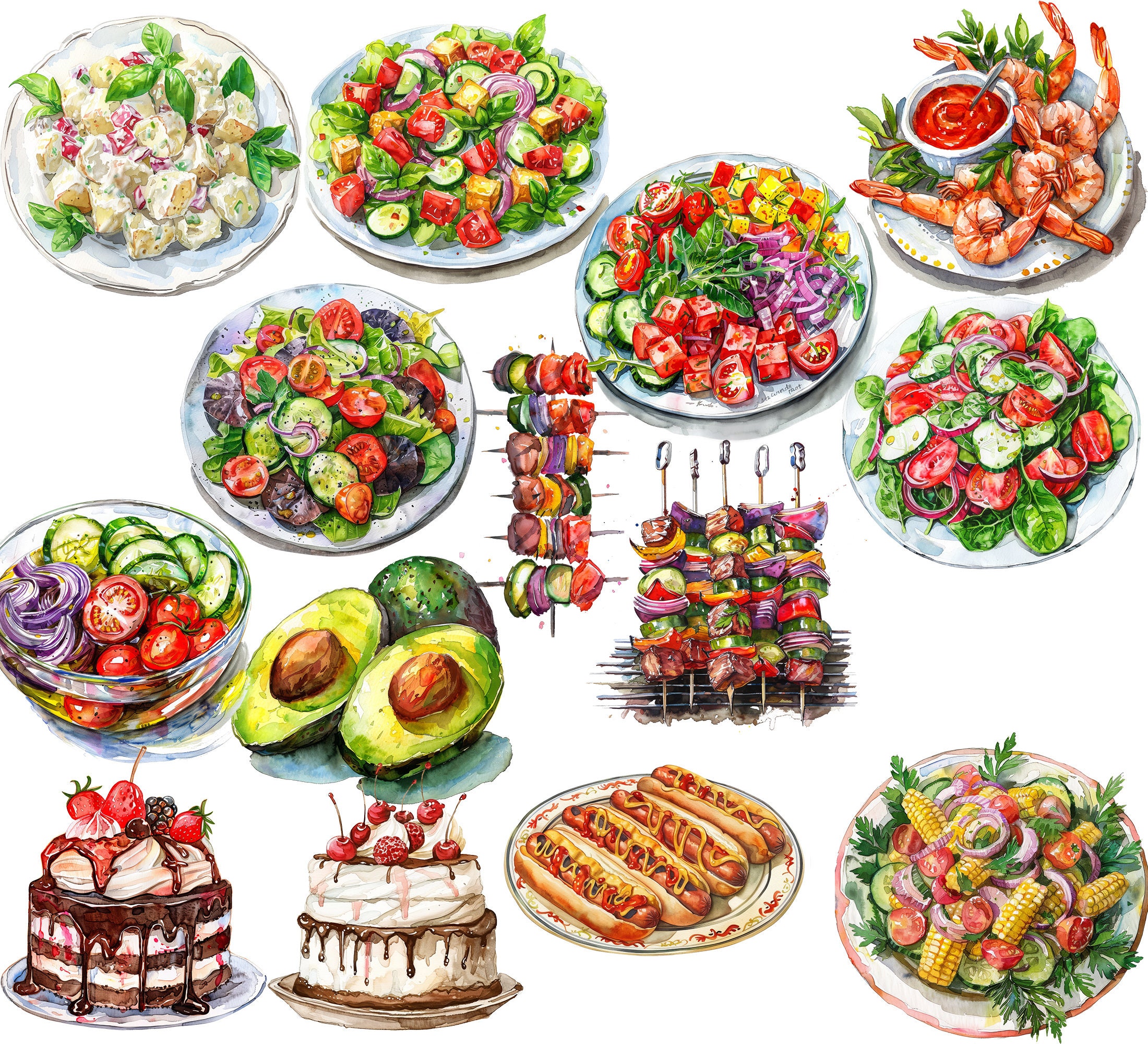 Watercolor Summer Foods Clipart, Picnic Food Clipart, PNG, Commercial ...