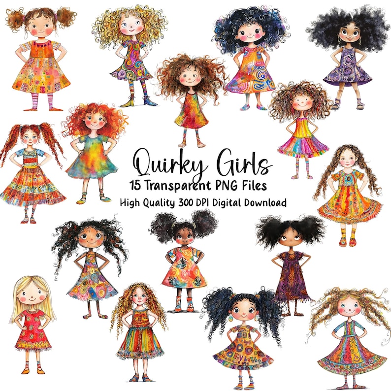 Quirky Girls Clipart: Cartoon Illustrations, Planners, Journals (PNG ...