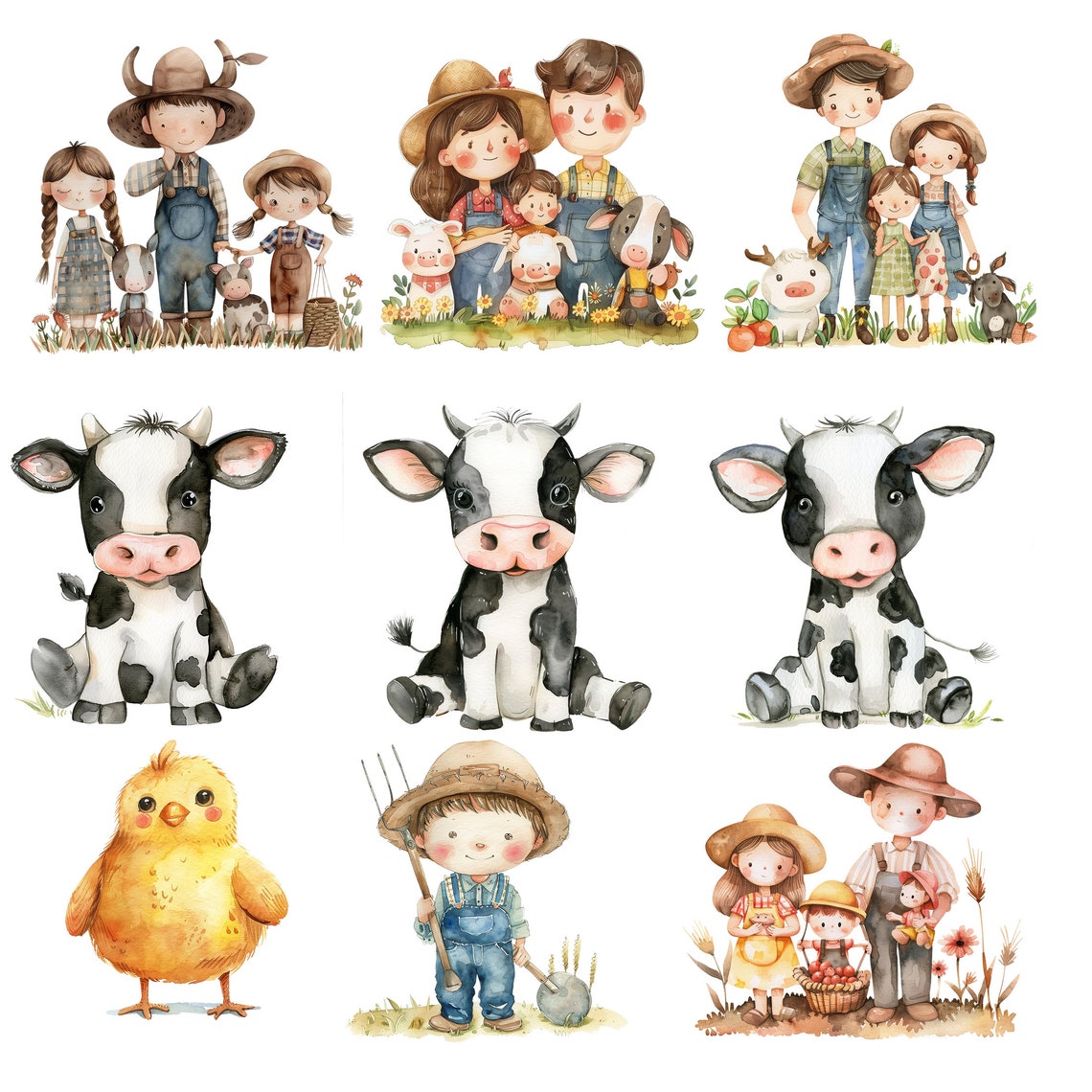 Kawaii Family Farm Clipart Pack, Whimsical Watercolor Farm Animals ...
