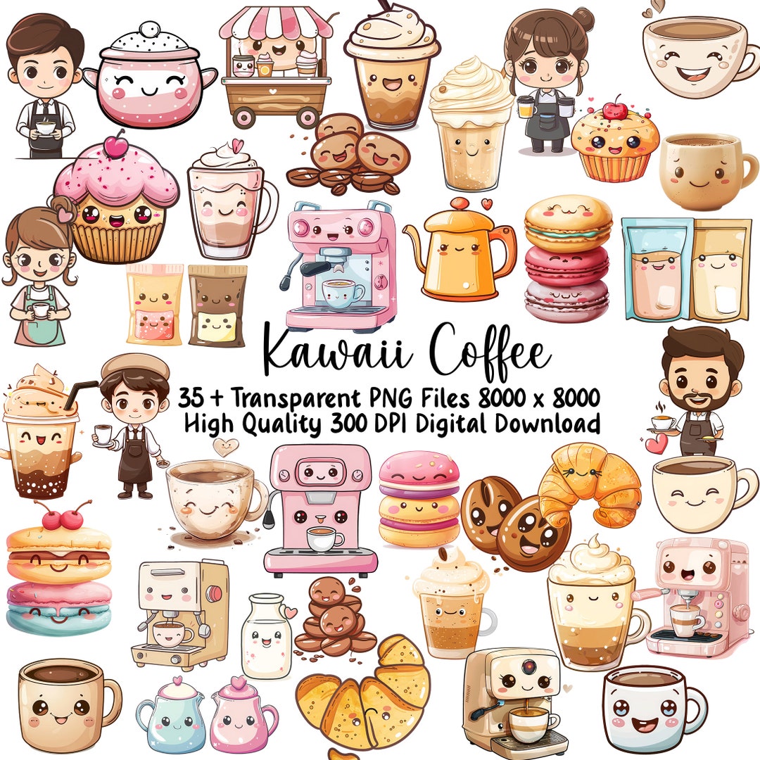 Kawaii Coffee Clipart. Adorable Coffee Stickers, PNG, Commercial Use ...