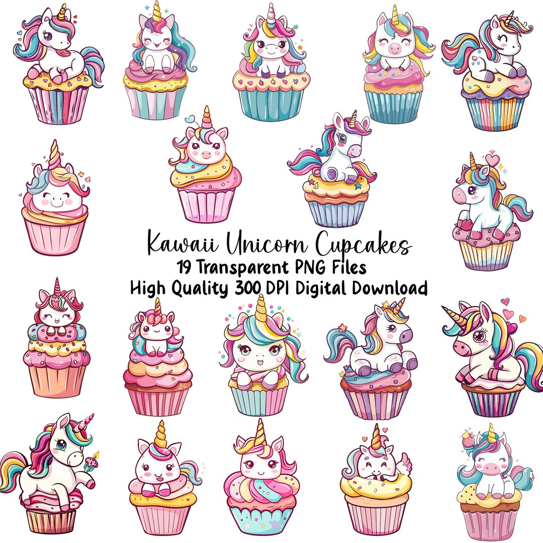 Unicorn Kawaii Cupcake Clipart, Adorable Unicorns, PNG Files, Unicorn ...