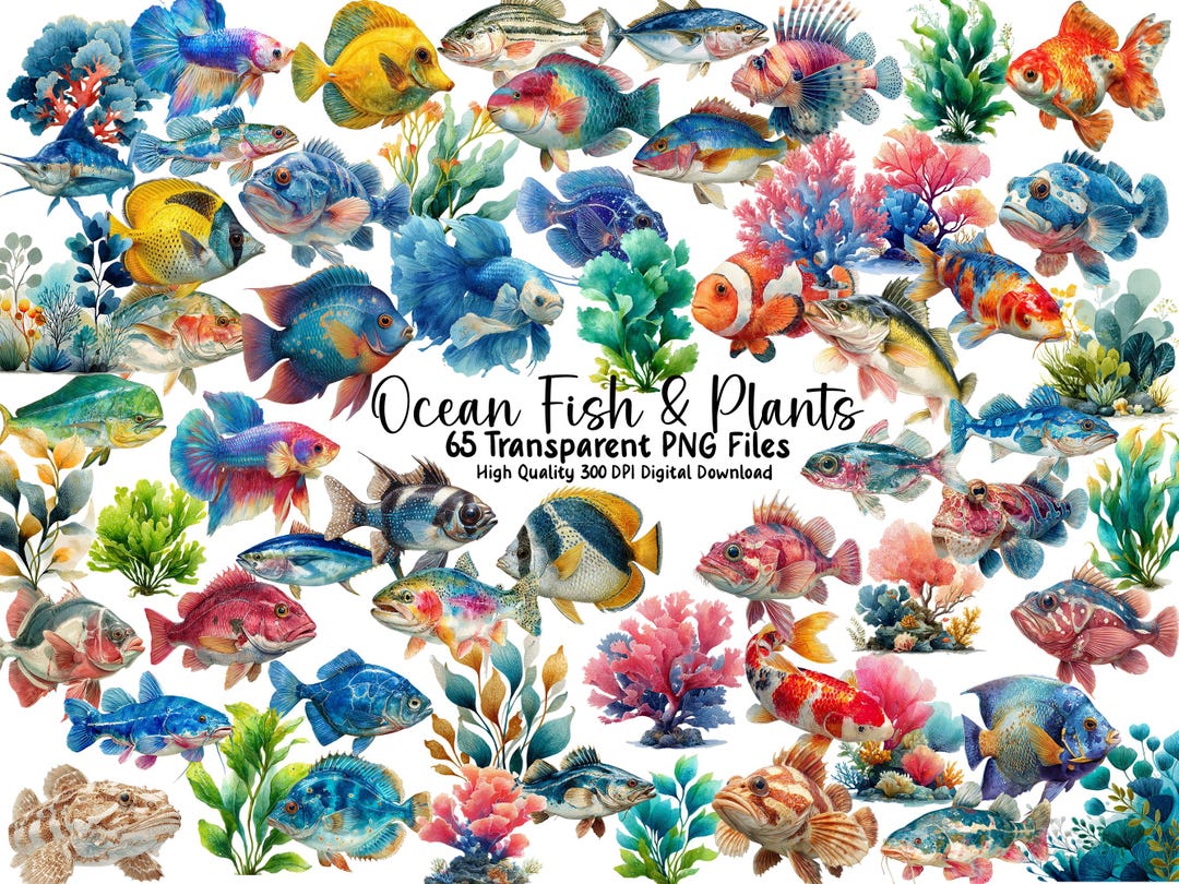 Watercolor Ocean Fish Clipart: Sea Life PNG Graphics (commercial Use ...