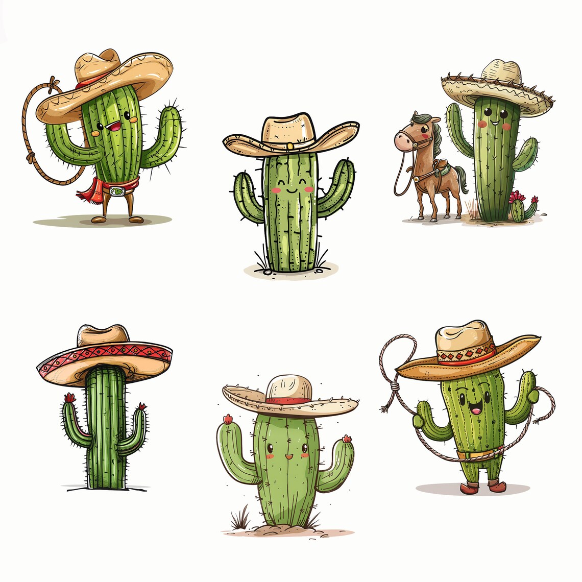 Cowboy Cactus Clipart, Whimsical Cacti Clipart, PNG, Invitations ...