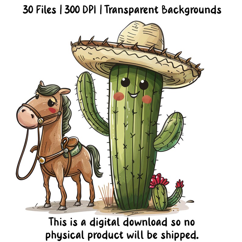 Cowboy Cacti Clipart, Whimsical Cactus Clipart, PNG, Invitations ...