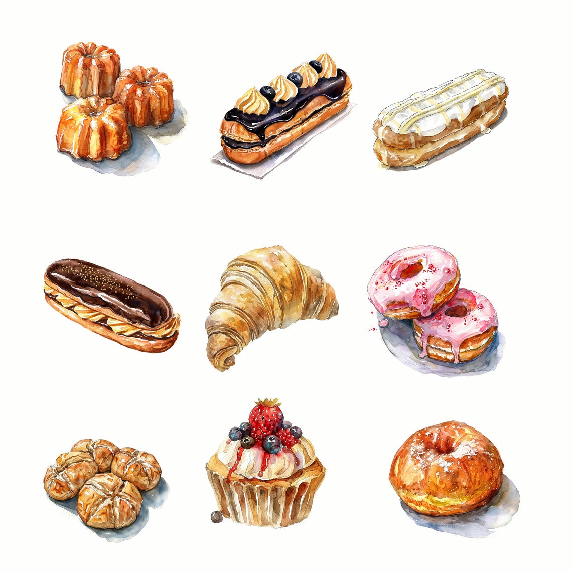 French Pastries Watercolor Clipart, Patisserie Clipart, Gourmet Pastry ...