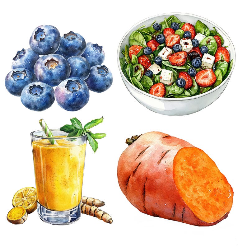 Watercolor Healthy Food Clipart: Fresh Cuisine PNG Files (digital ...