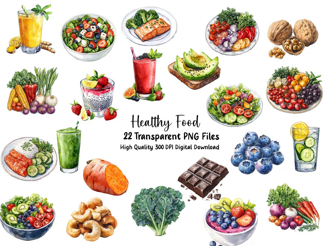 Watercolor Healthy Food Clipart: Fresh Cuisine PNG Files (digital ...