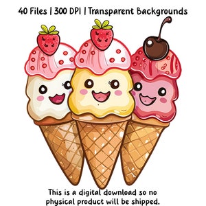 Kawaii Ice Cream Clipart, 55 Cute Ice Cream Graphics, Kawaii PNG Bundle ...
