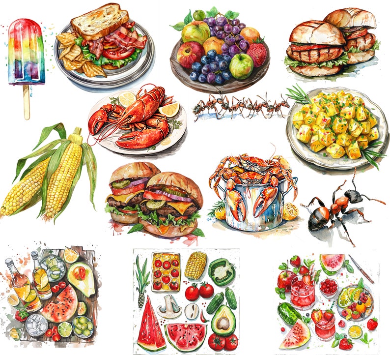 Watercolor Summer Foods Clipart, Picnic Food Clipart, PNG, Commercial ...