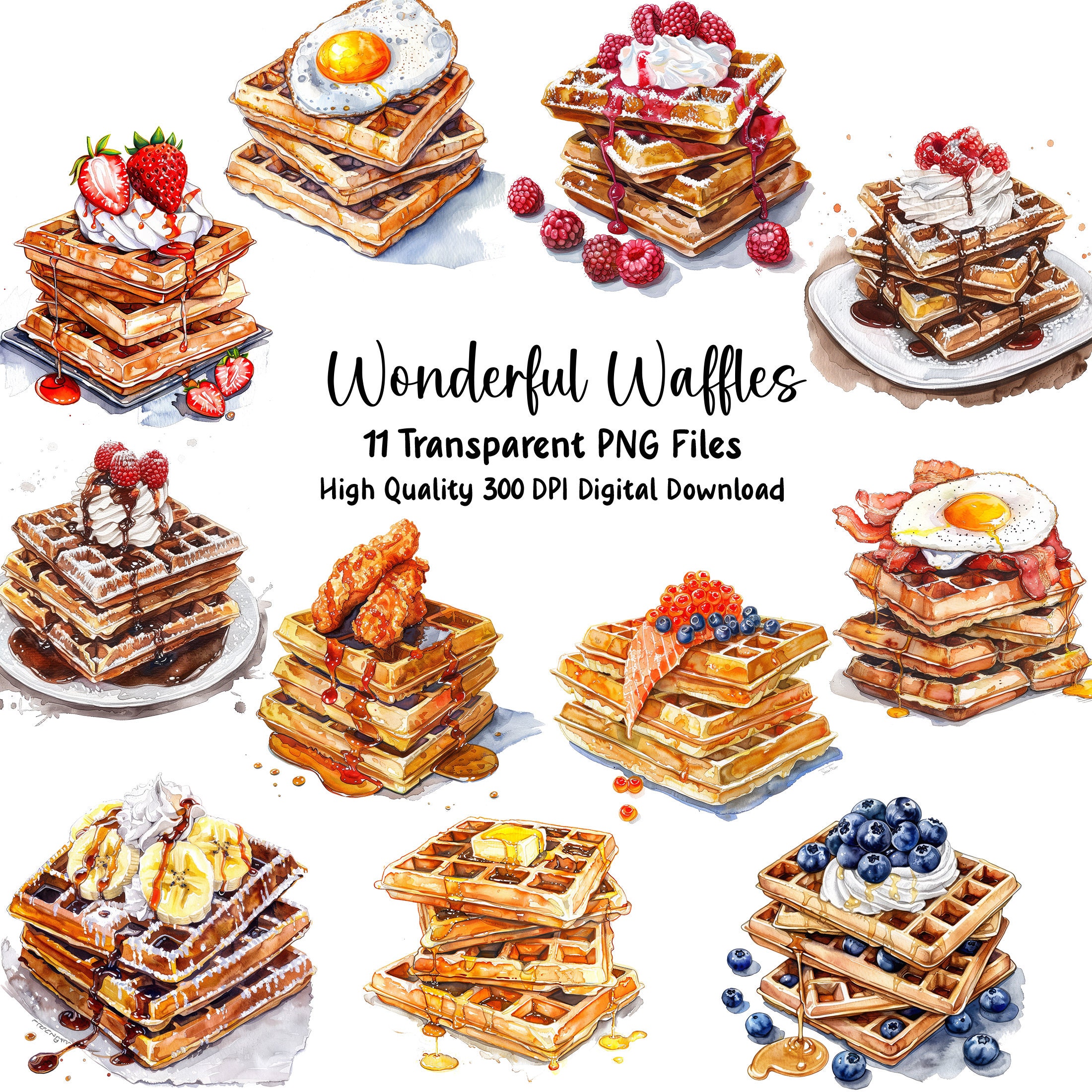 Watercolor Waffle Clipart, Chicken and Waffles, Sweet Waffles, Savory ...