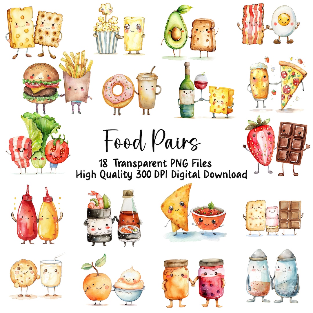Watercolor Kawaii Perfect Match Food Clipart, Food Pairs, Whimsical ...