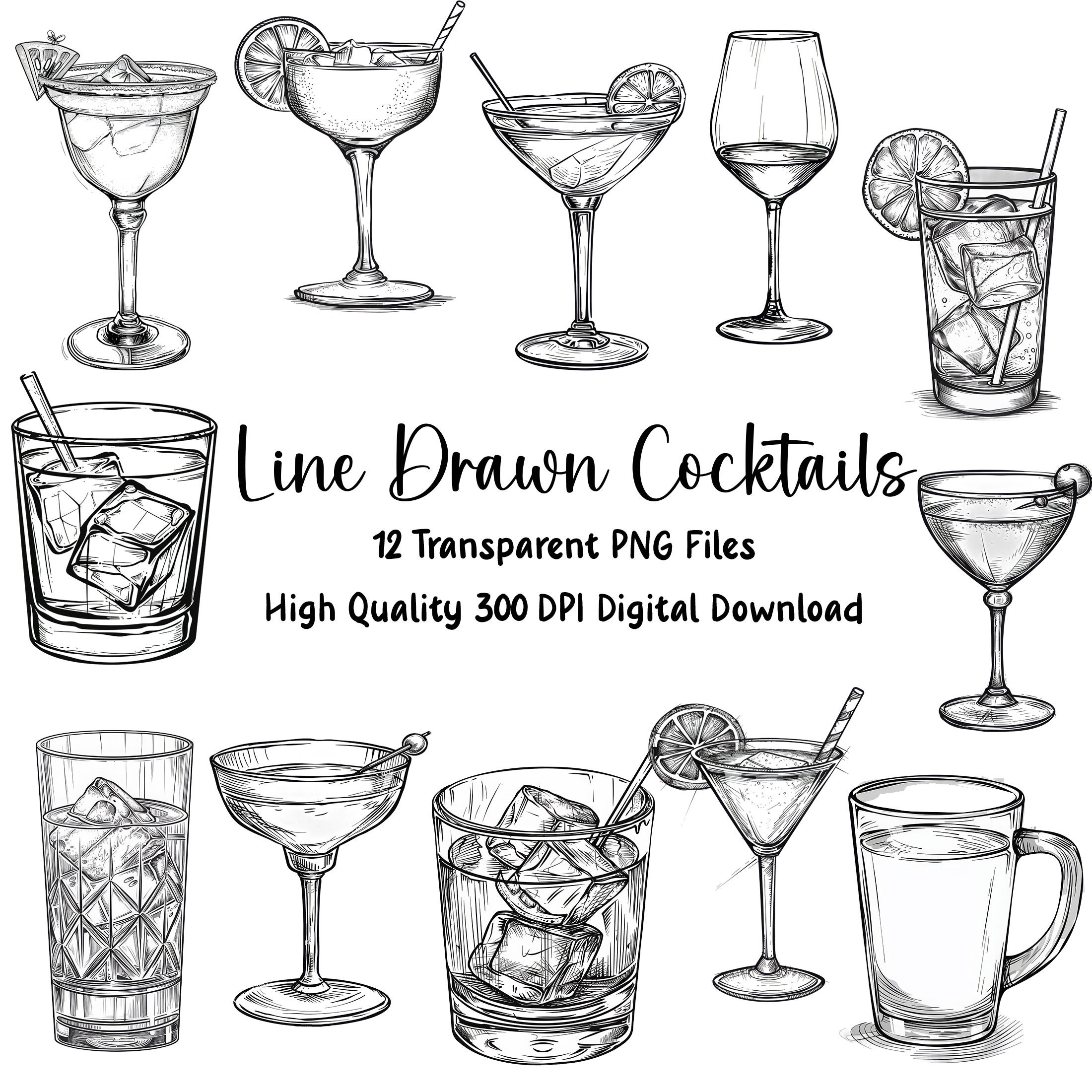 Sophisticated Cocktail Clip Art Bundle – Modern Line Drawings for ...