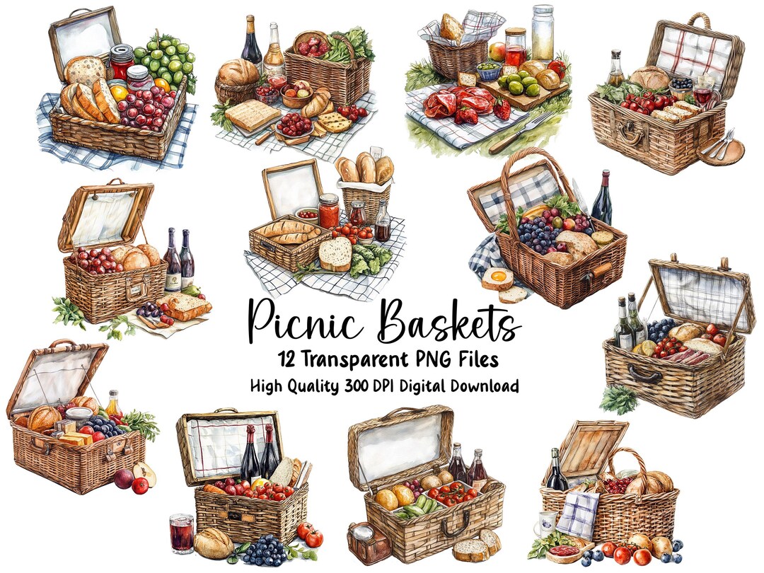Watercolor Picnic Baskets Clipart, Junk Journals, Planners, Stickers ...