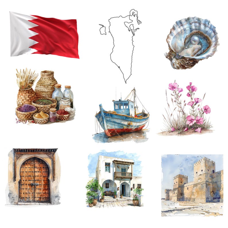 Bahrain Watercolor Clipart | Landmarks, Food, Culture & Desert Elements ...