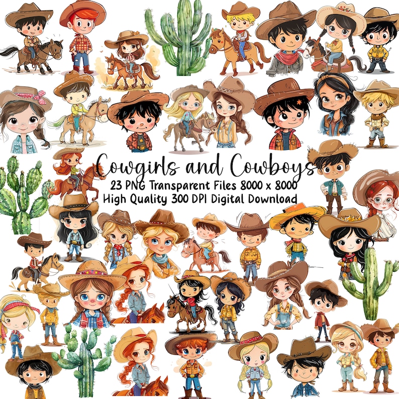 Cowgirls and Cowboys Clipart Bundle, Cute Cowboys, Cute Cowgirls ...