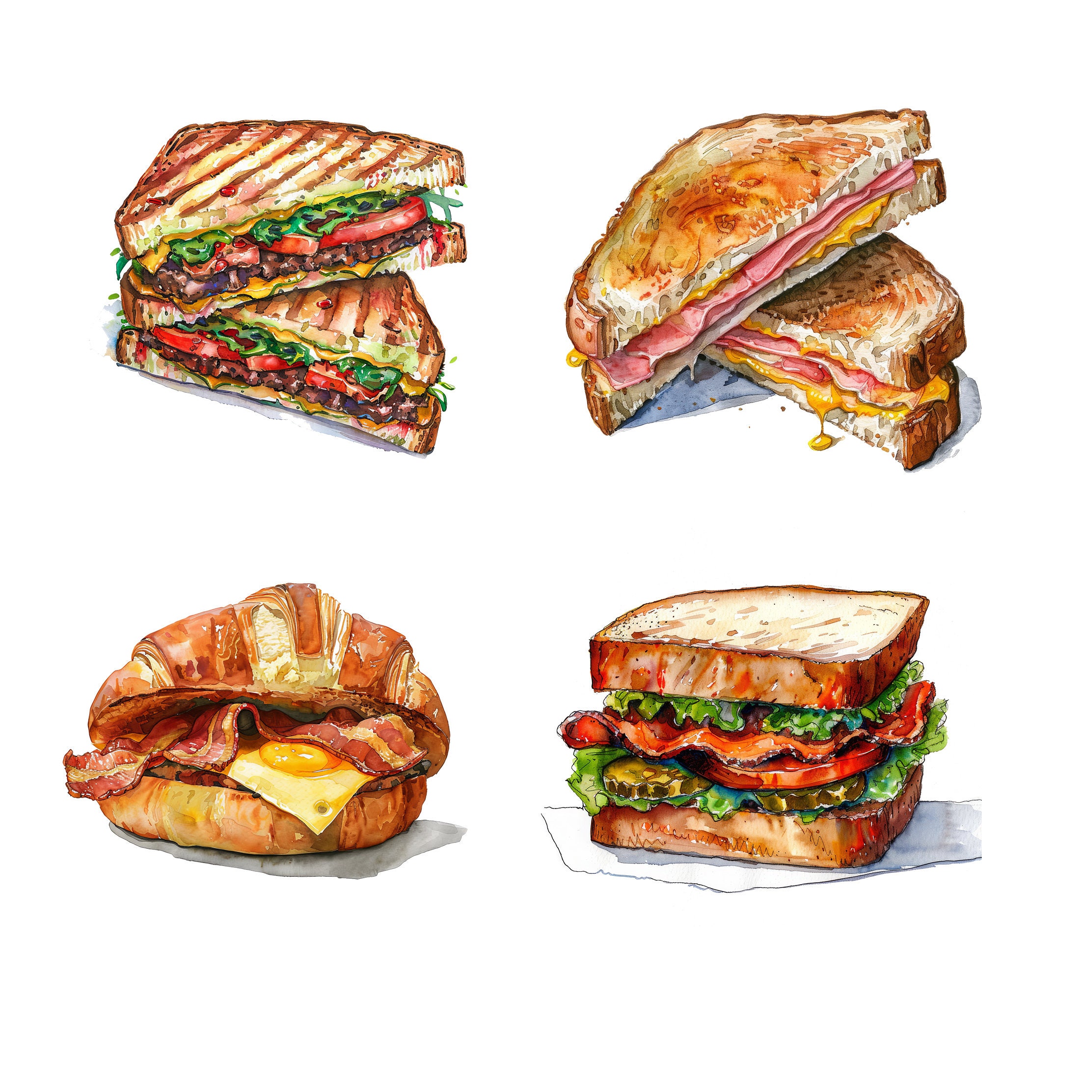Watercolor Sandwich Clipart Bundle: Bakery PNG Illustrations (digital ...