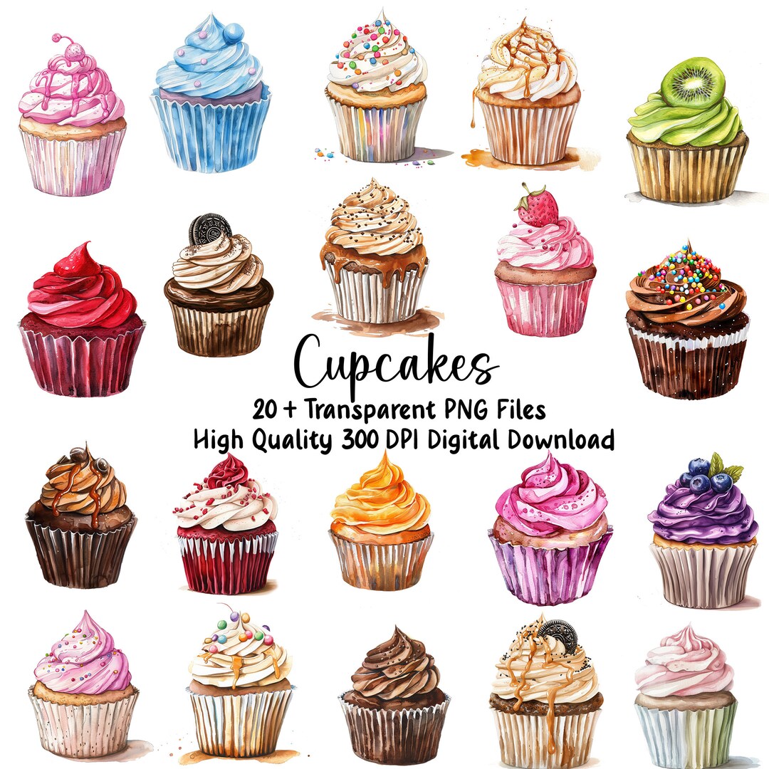 Watercolor Cupcake Clipart, Delicious Delights, PNG Files, Dessert ...