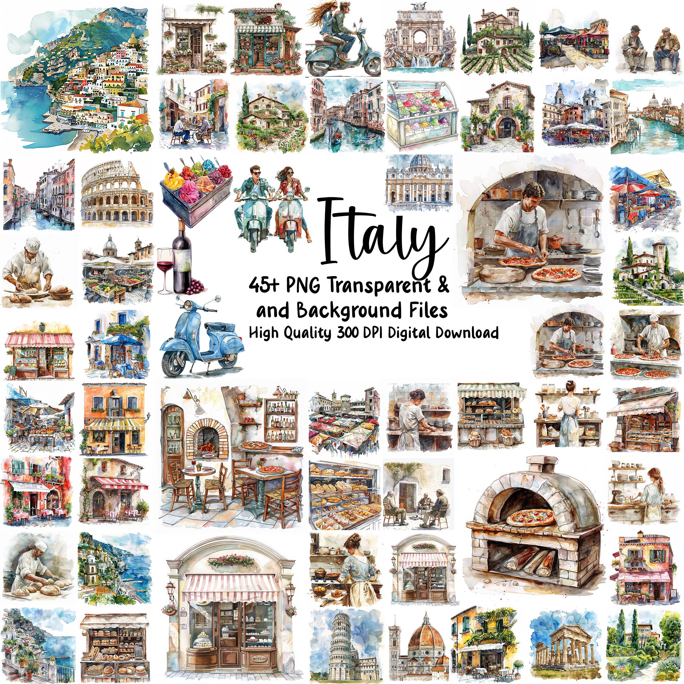 Beautiful Italy, Watercolor Summer Clipart, Travel, Italian Sceneries ...