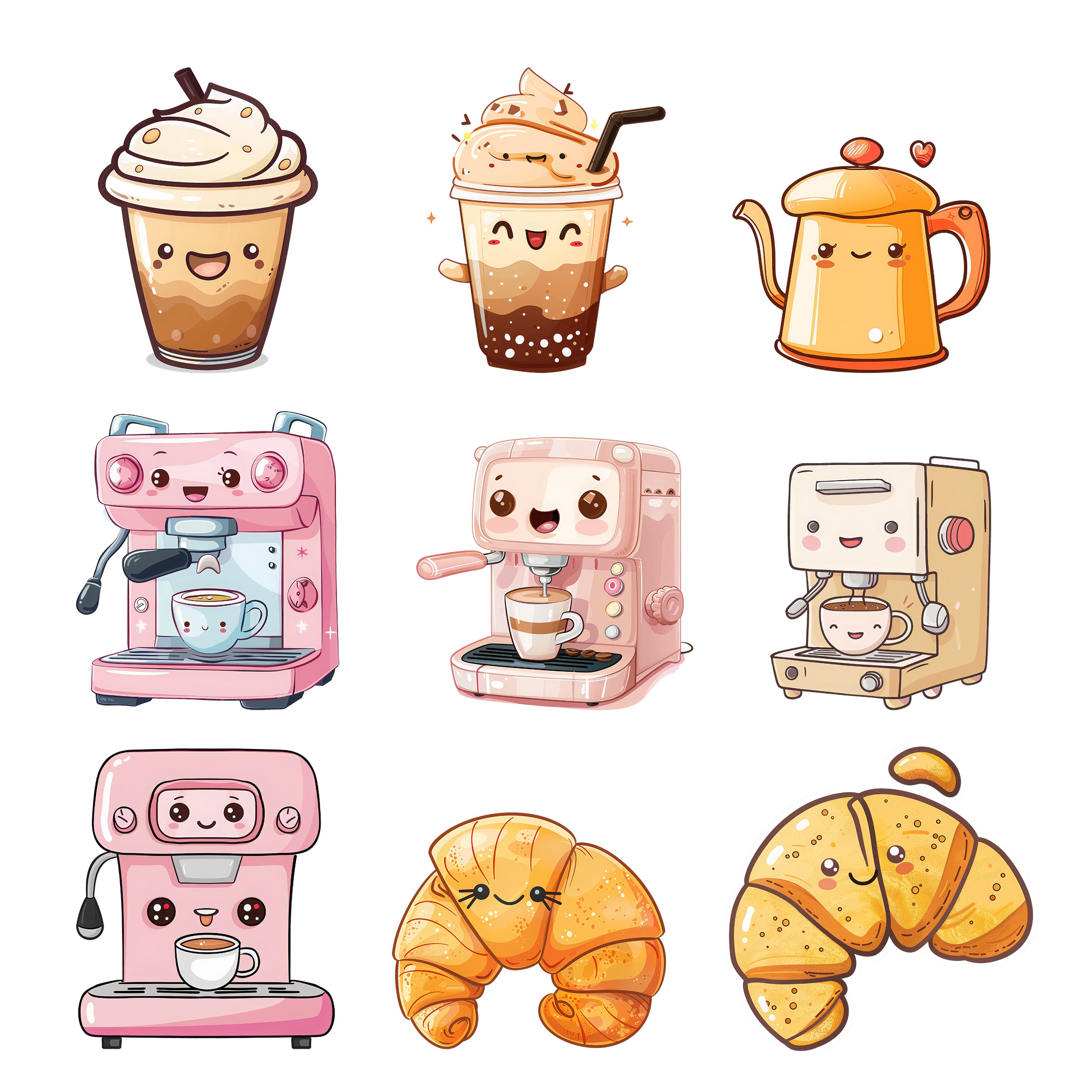 Kawaii Coffee Clipart. Adorable Coffee Stickers, PNG, Commercial Use ...