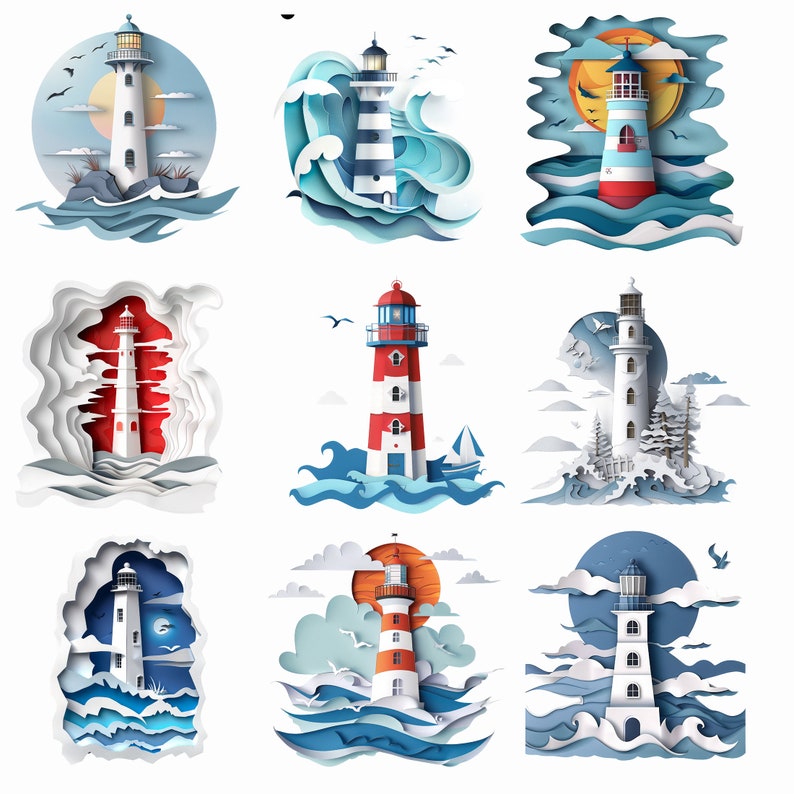 Lighthouse Clipart: Nautical Paper Cut Style (digital Download) - Etsy