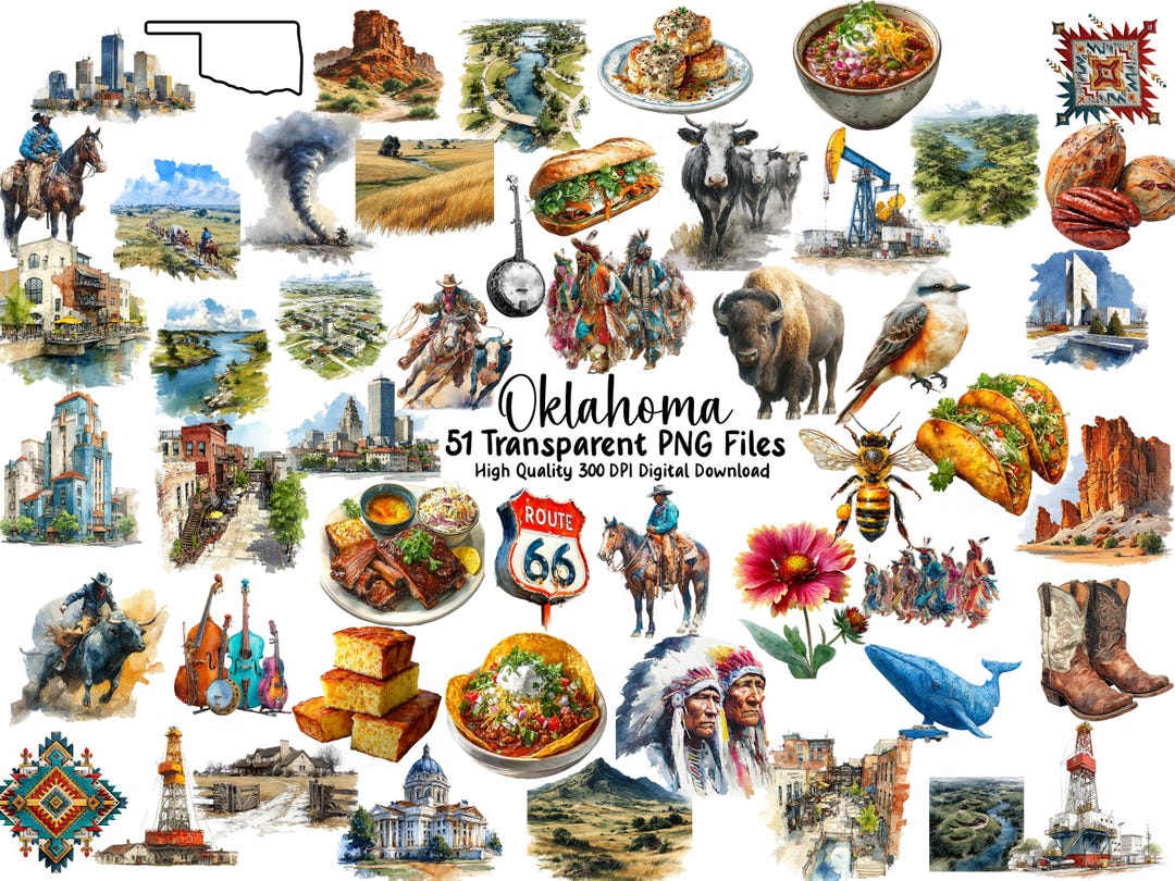 Oklahoma Clipart Bundle: State Symbols, Landmarks, Culture (PNG Digital ...