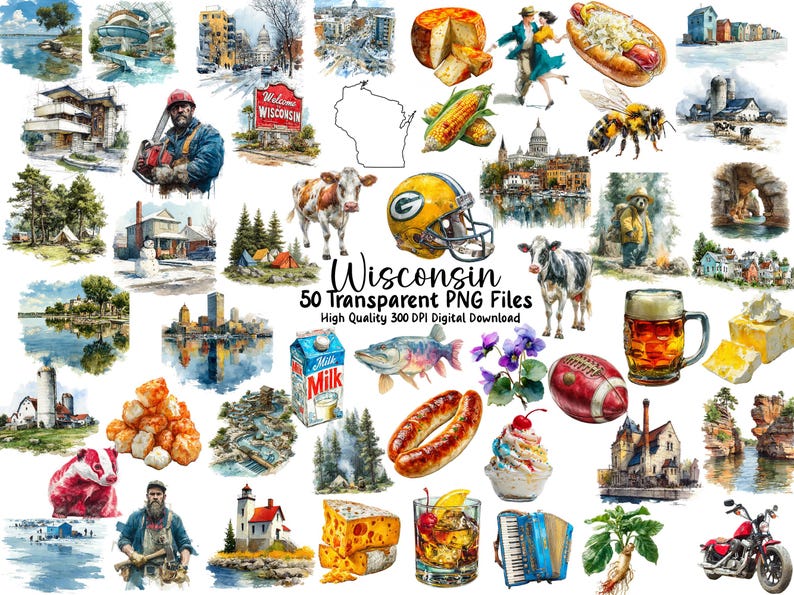 Wisconsin Clipart Bundle: State Landmarks, Foods & Icons (PNG Download ...